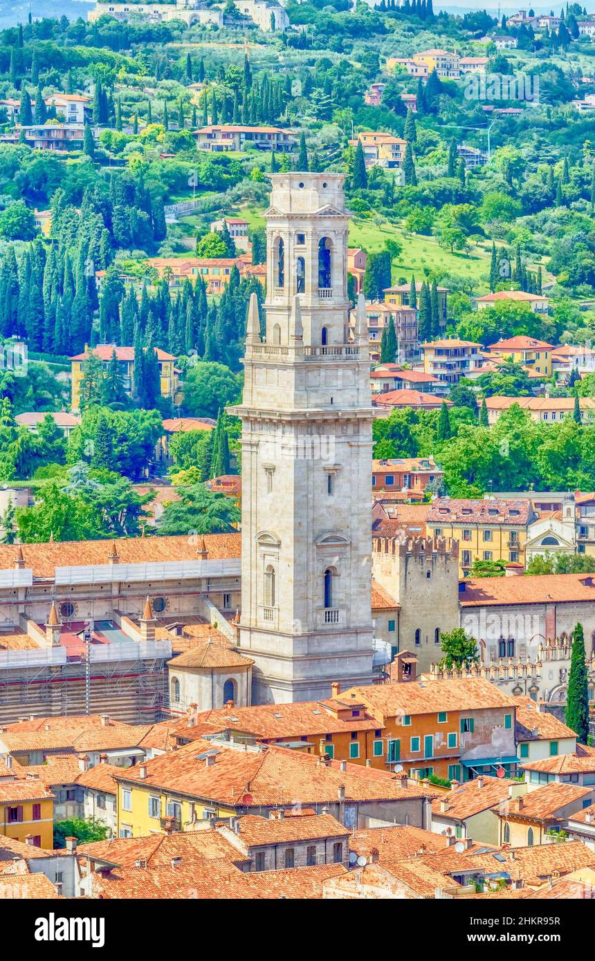 Aerial view of the tower of Verona Cathedral, iconic landmark in Verona ...