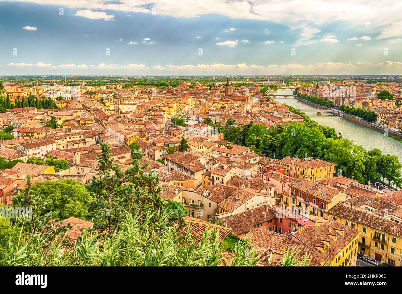 Panoramic aerial view over central Verona and the Adige River, Italy ...