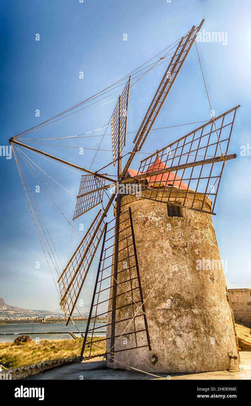 Old windmill for salt production in Motya near Trapani, Sicily, Italy ...