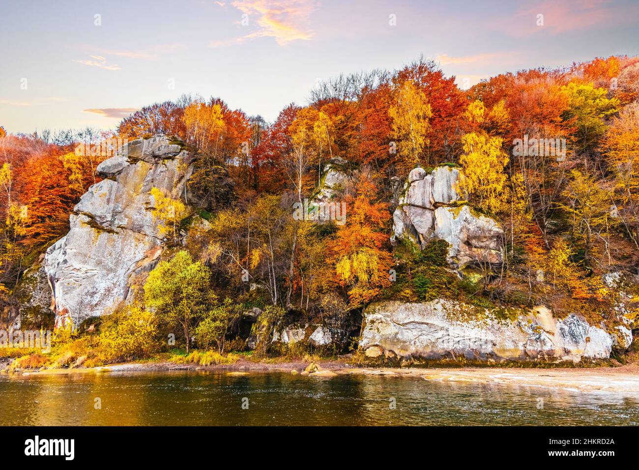 High rocky cliffs among lush yellowed trees growing near mountain river ...