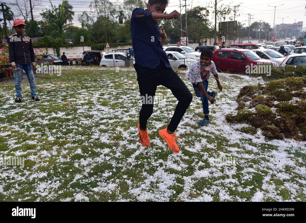 Guwahati, Guwahati, India. 5th Feb, 2022. Children play with ice after ...