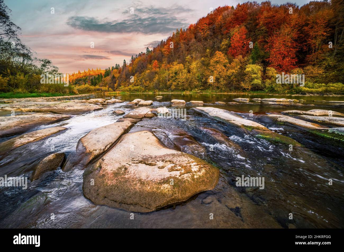 Mountain river wild stone bank with rapids against colorful trees ...