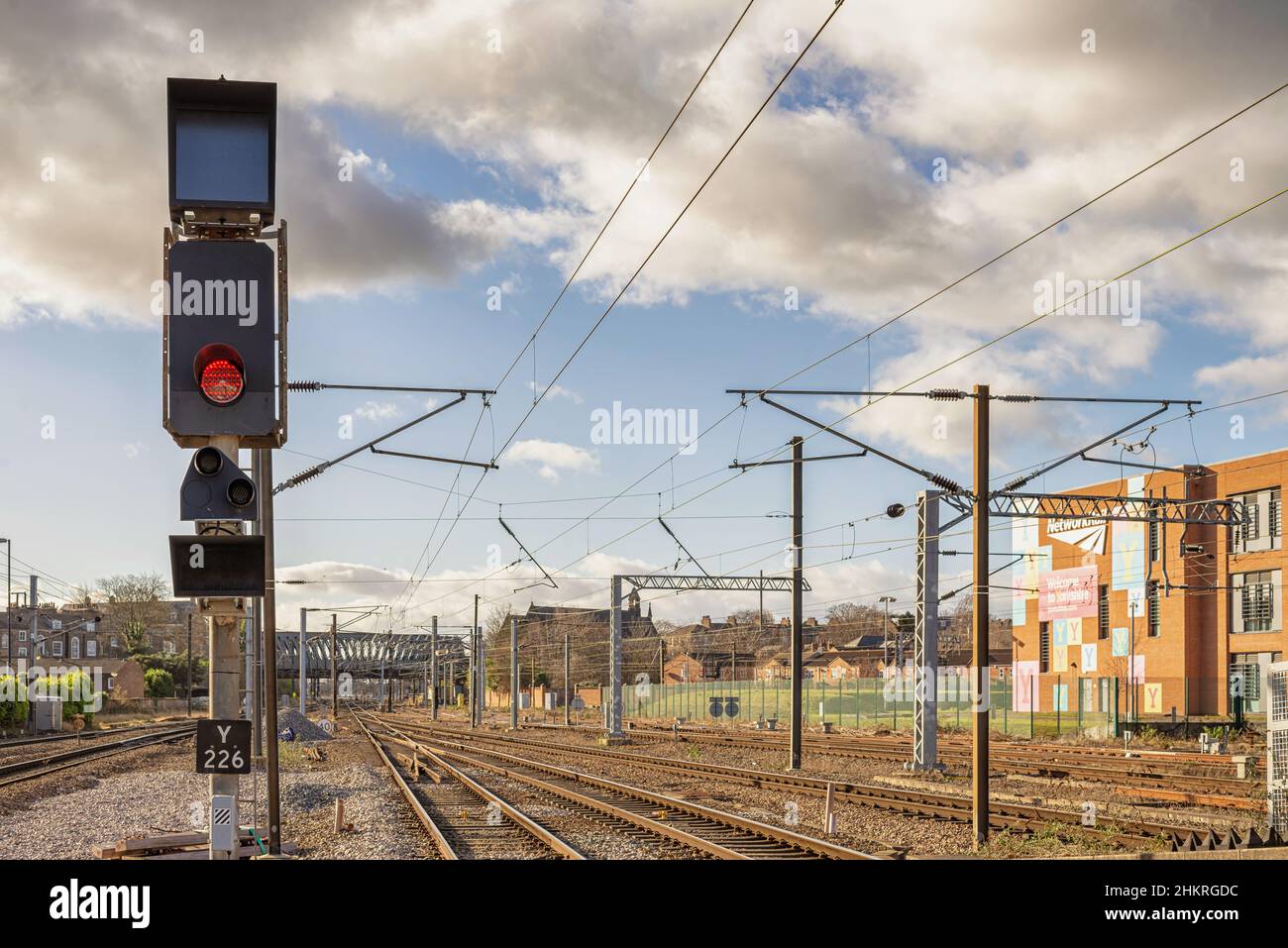 Signal and warning notice for trains at the end of a platform set to ...