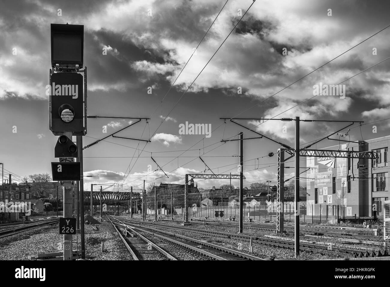 Signal and warning notice for trains at the end of a platform set to ...