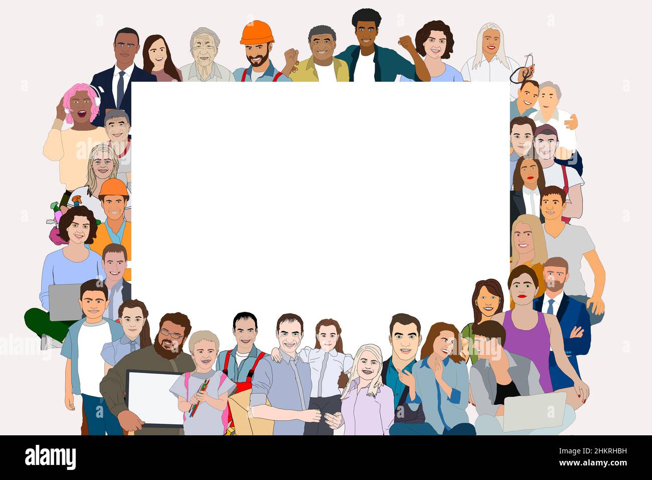 A lot of people stand in a circle on a white background. illustration ...