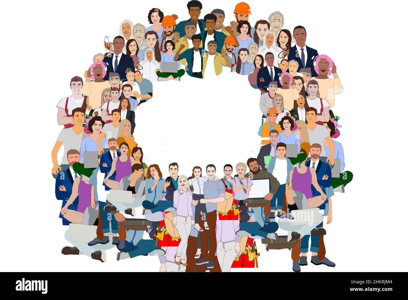 A lot of people stand in a circle on a white background. illustration ...