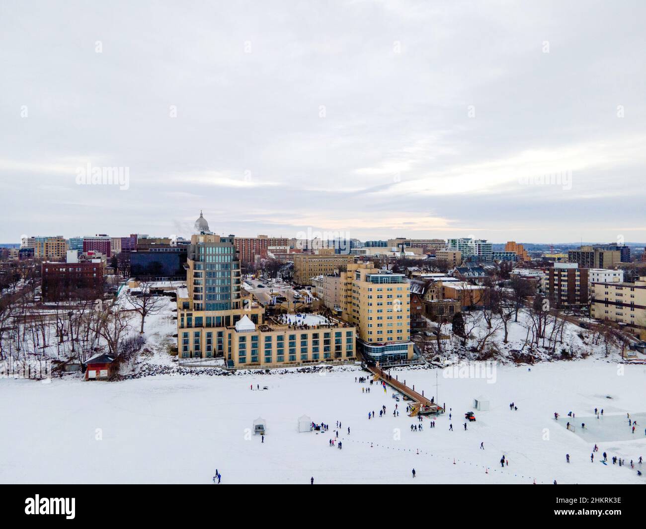 Aerial photograph over frozen Lake Mendota, on the occasion of the ...
