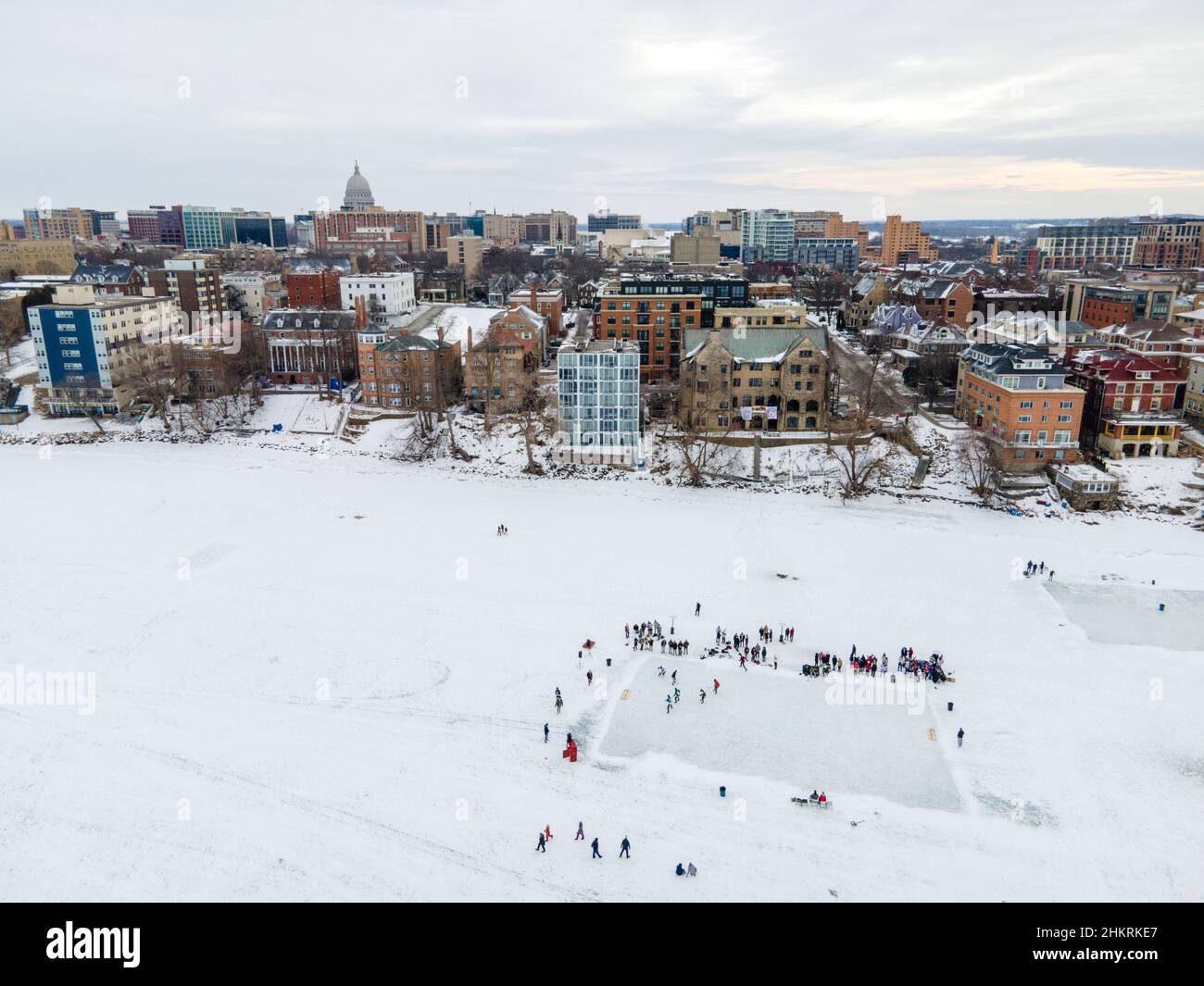 Aerial photograph over frozen Lake Mendota, on the occasion of the ...