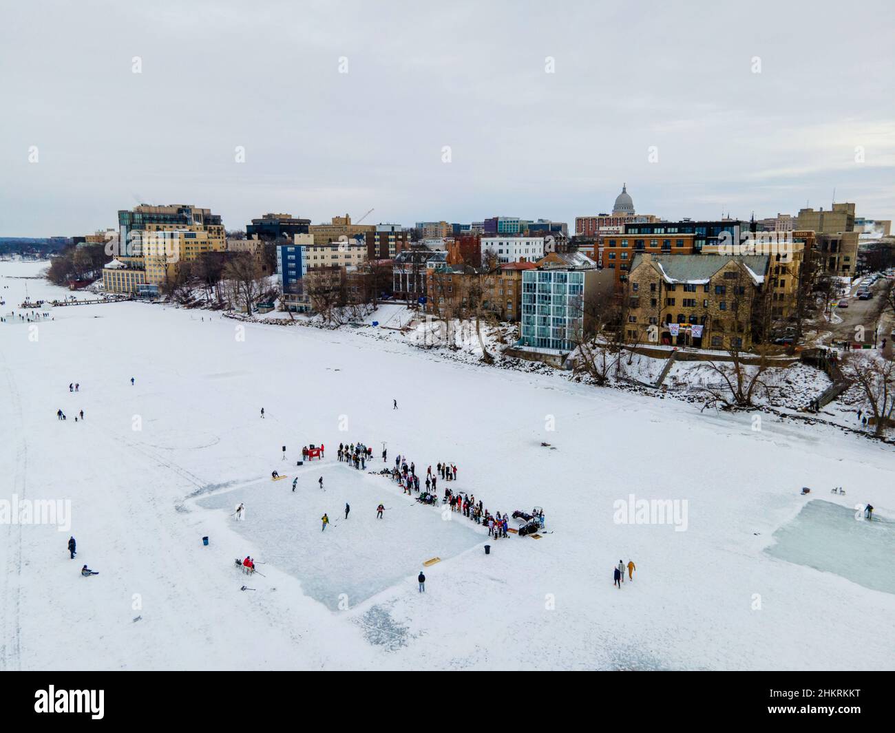 Aerial photograph over frozen Lake Mendota, on the occasion of the ...