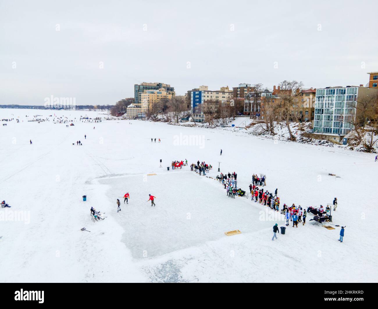 Aerial photograph over frozen Lake Mendota, on the occasion of the ...