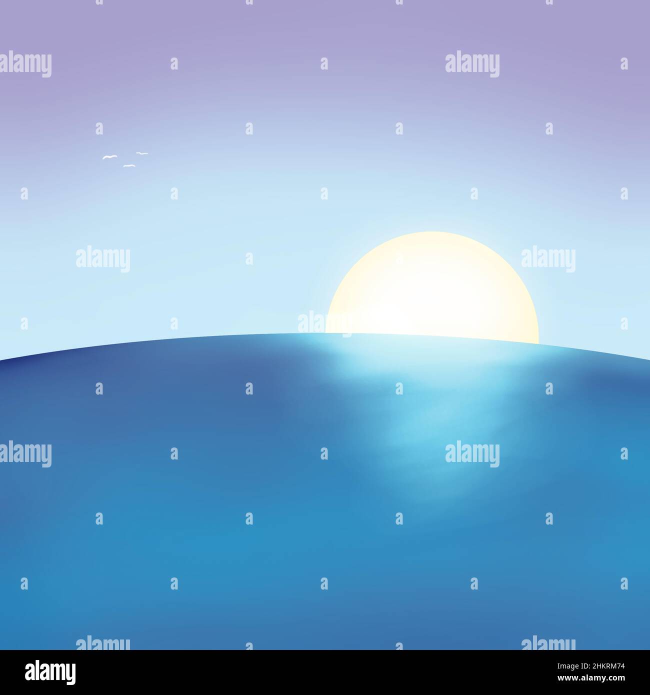Illustration of sun rising behind the sea Stock Photo - Alamy