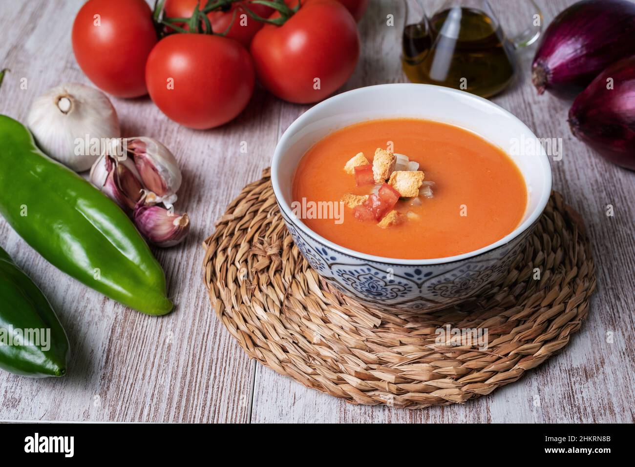 Gazpacho, cold soup typical of Andalusia based on tomato, garlic ...
