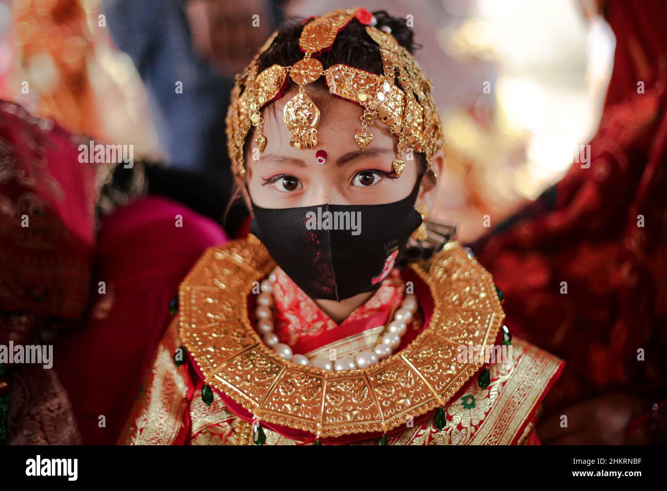 Bhaktapur, Bagmati, Nepal. 5th Feb, 2022. A Nepalese Newar girl reacts ...