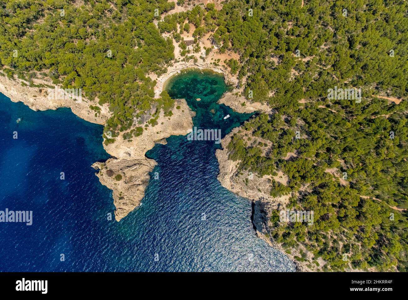 Aerial view, bay and beach Caló d'en Monjo, landscape conservation area ...