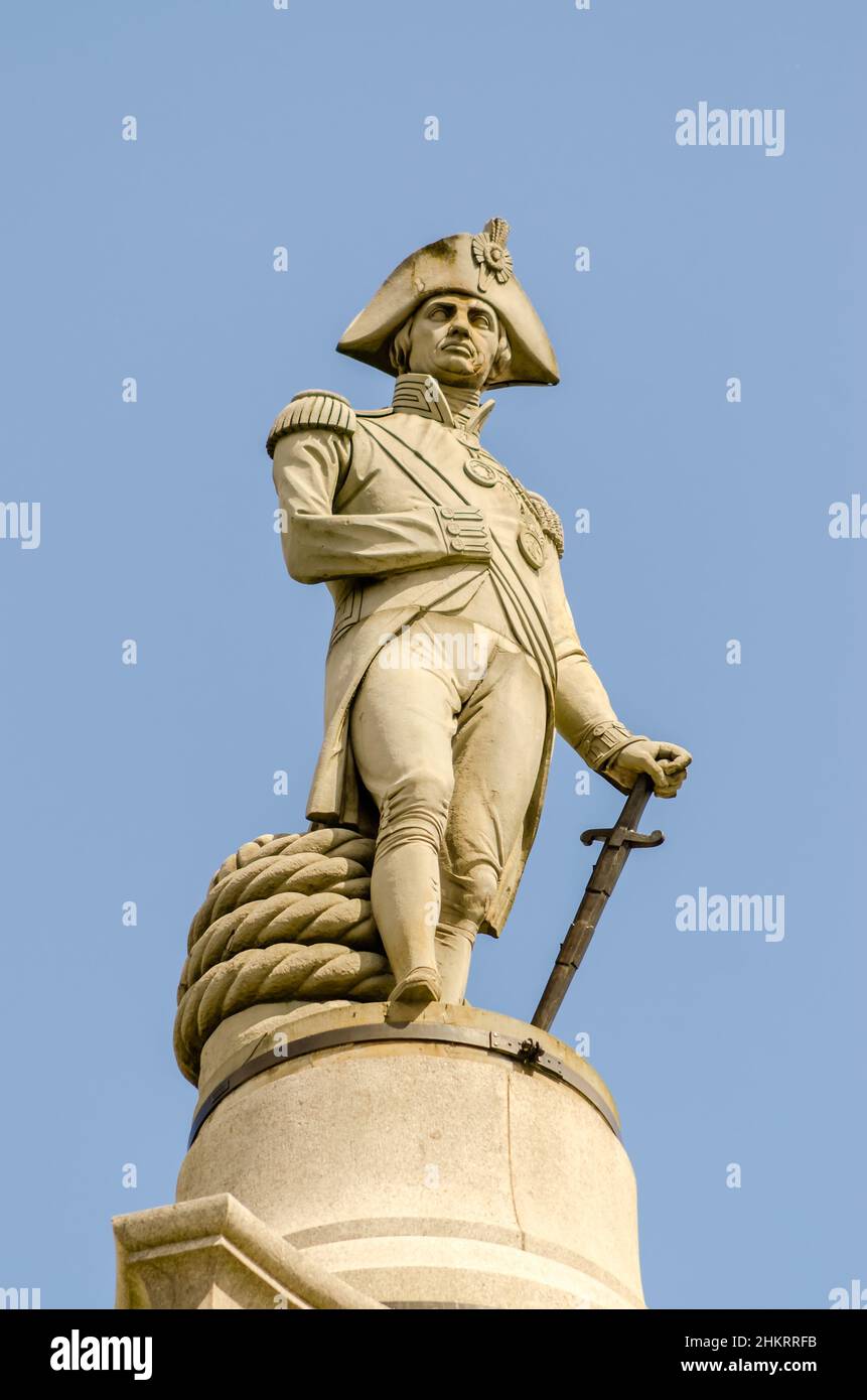 Nelson statue atop column at Trafalgar Square, iconic landmark in ...