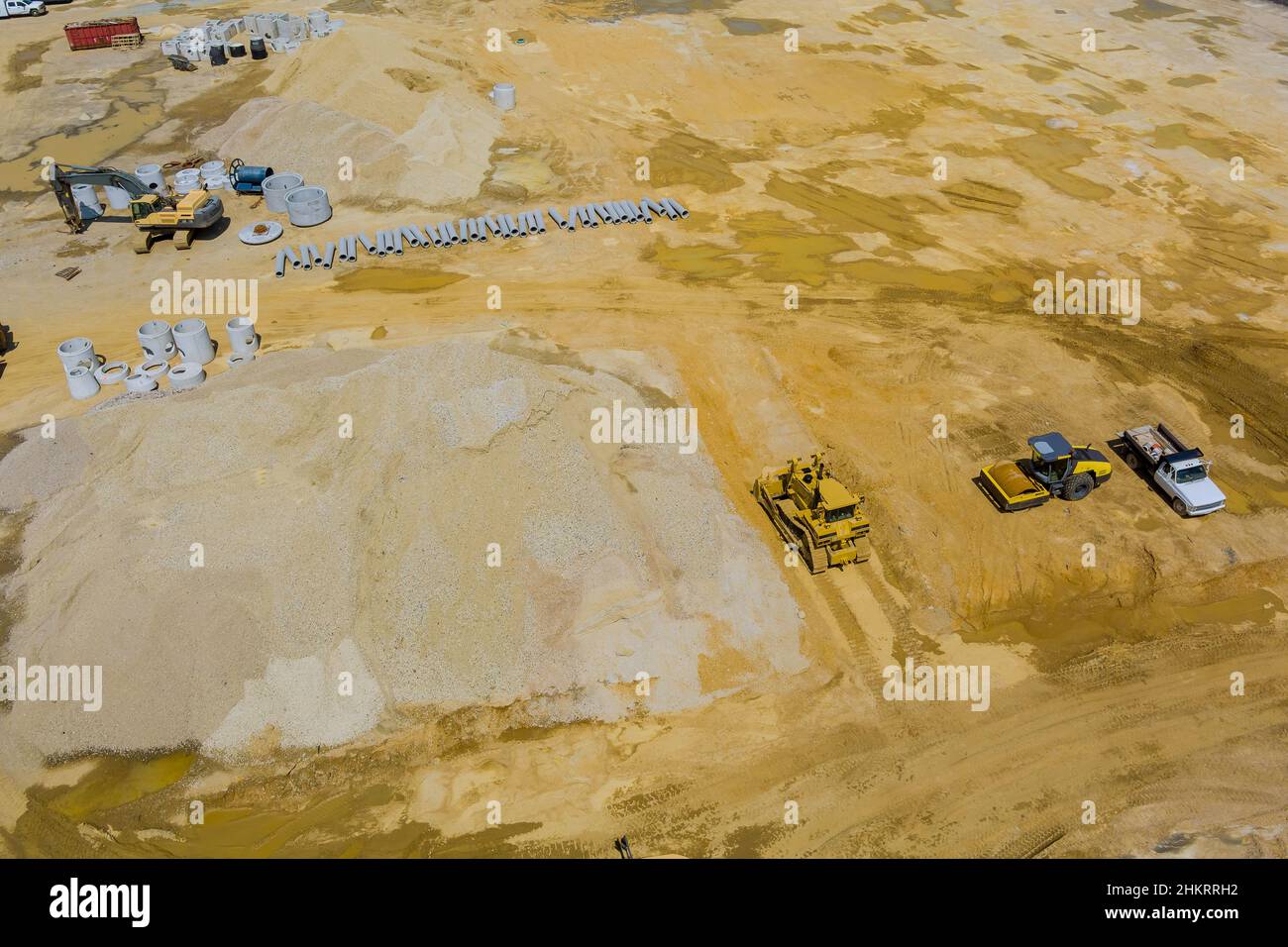 Aerial view stacked pipe at concrete drainage pipes with preparation ...