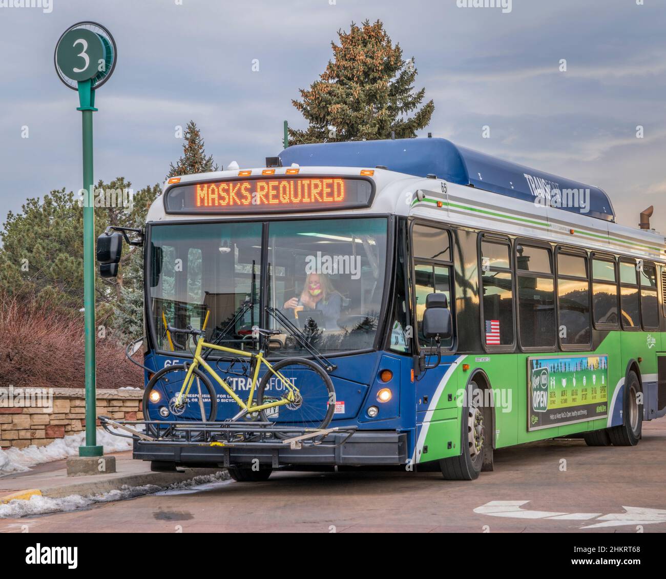 Fort Collins, CO, USA - January 18, 2022: Transfort bus with a female ...
