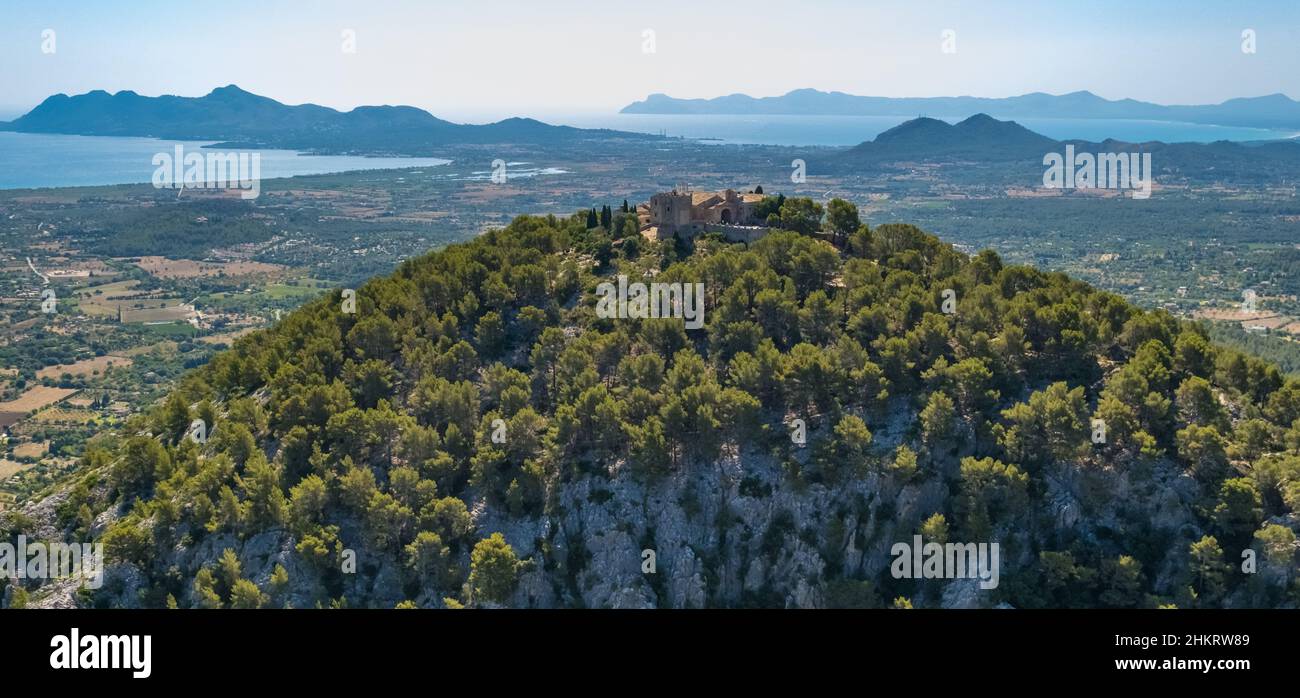 Aerial view, Puig de Maria mountain with Santuari de la Mare de Déu del ...