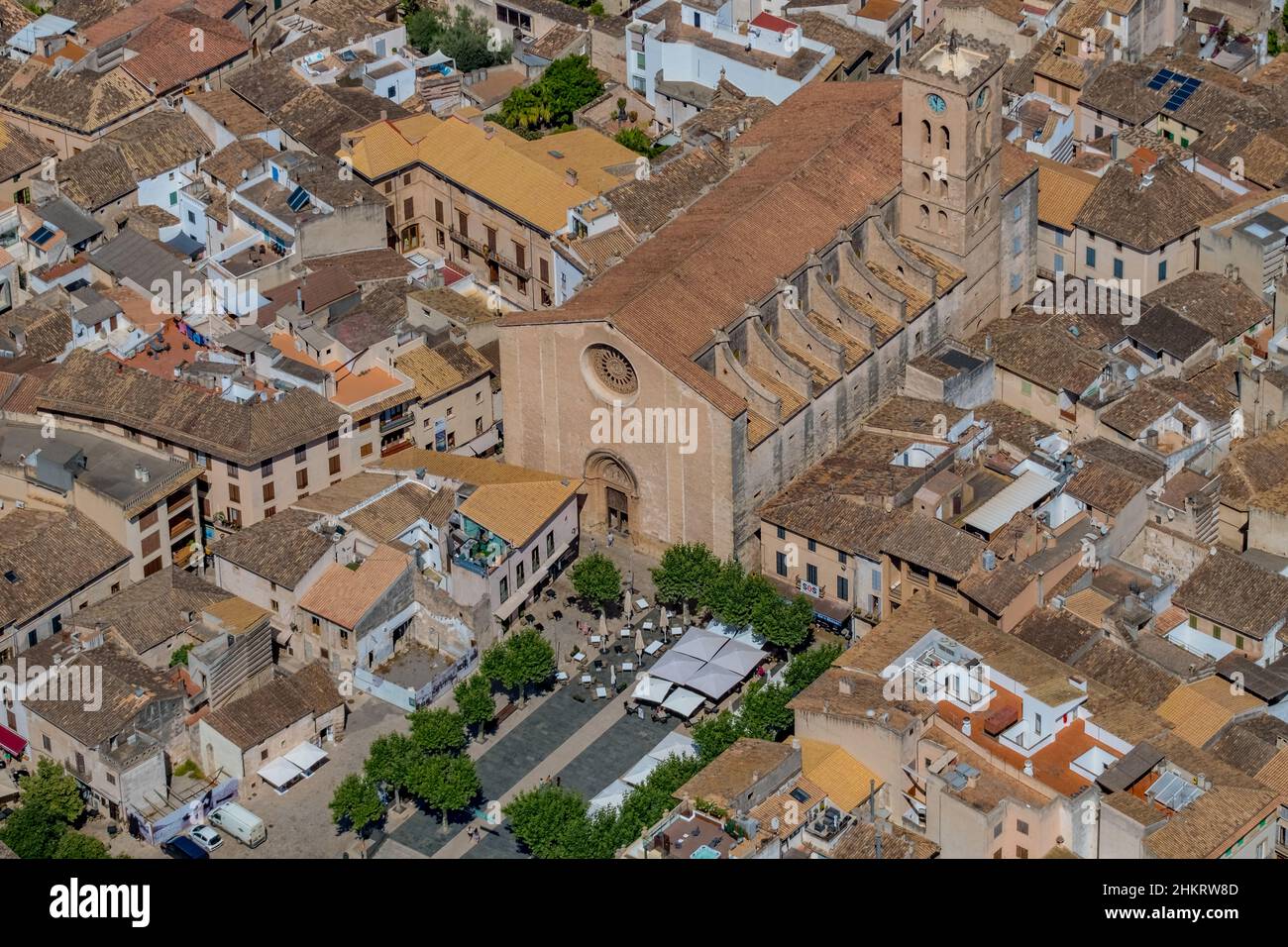 Aerial view, Santa Maria dels Àngels Church, Old Town, Pollença ...