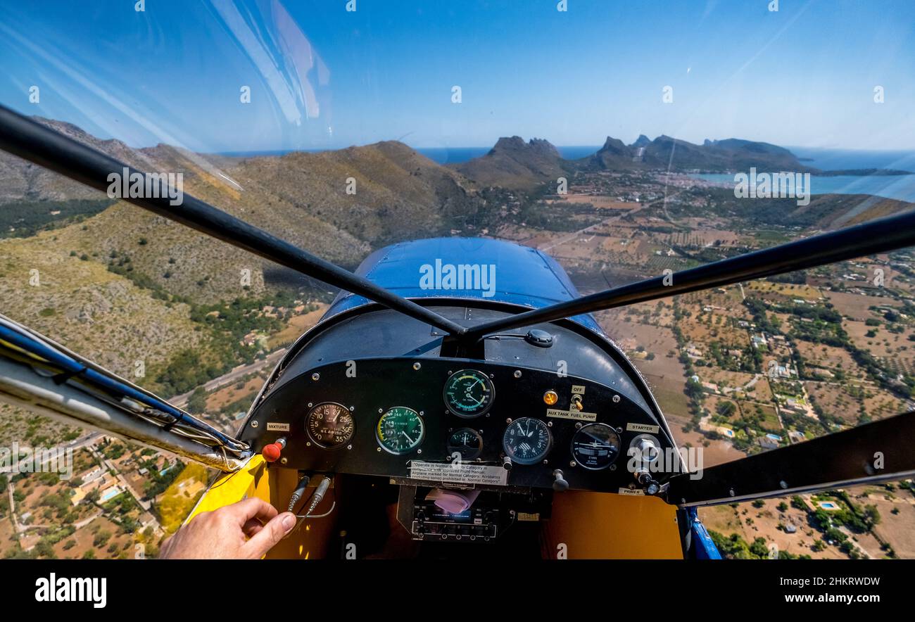 Aerial view, aeroplane cockpit over the Tramuntana Mountains, Pollença ...