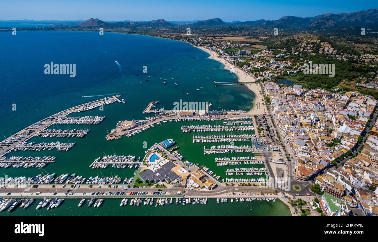 Aerial view, Bay and Port de Pollença, Pollença, Majorca, Balearic ...