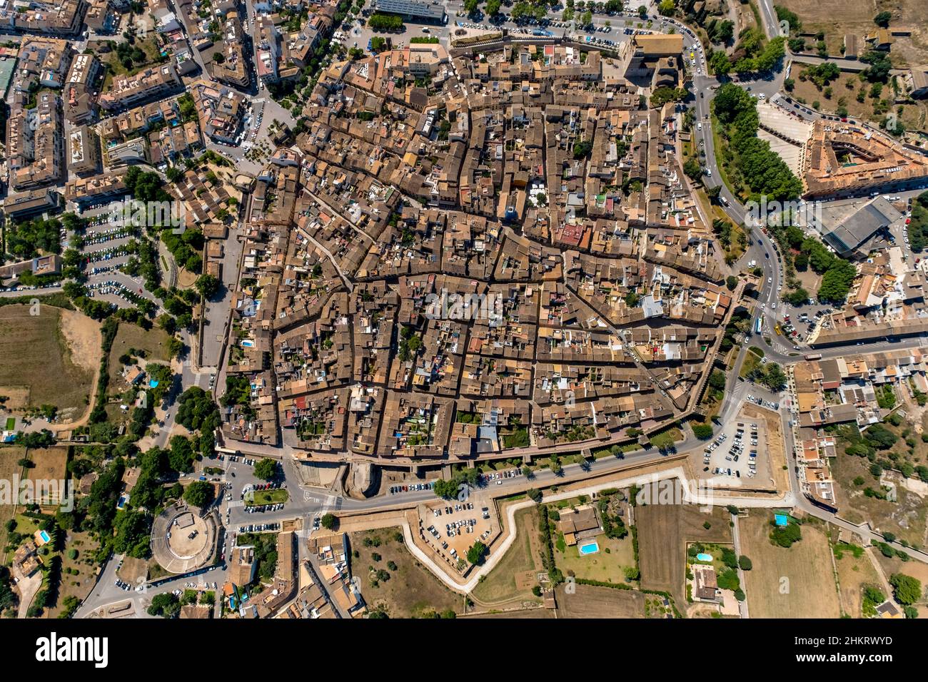 Aerial view, town view and city wall, Murada Medieval d'Alcúdia ...
