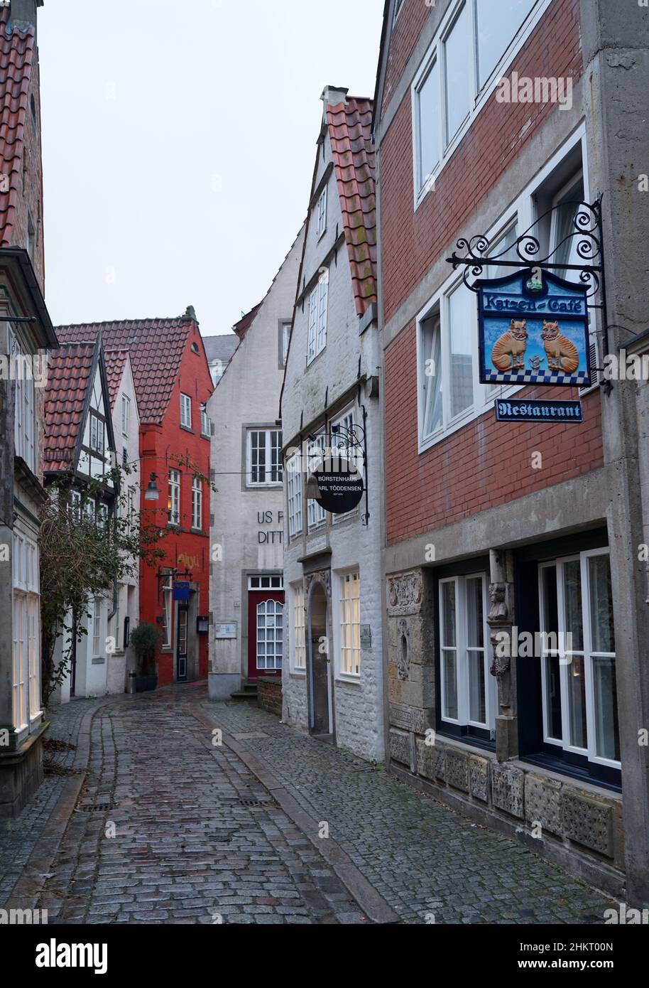Bremen, Germany - Jan 16 2022 A cat restaurant in the old 'Schnoor ...
