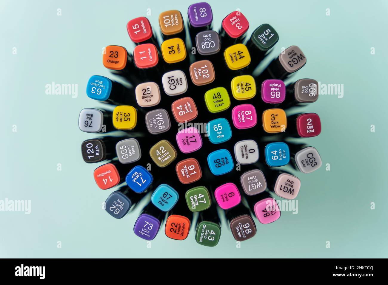 A set of colored markers, multi-colored markers, a top view on a ...