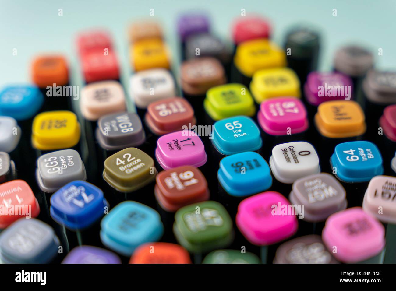 A set of colored markers, multi-colored markers, a top view on a ...