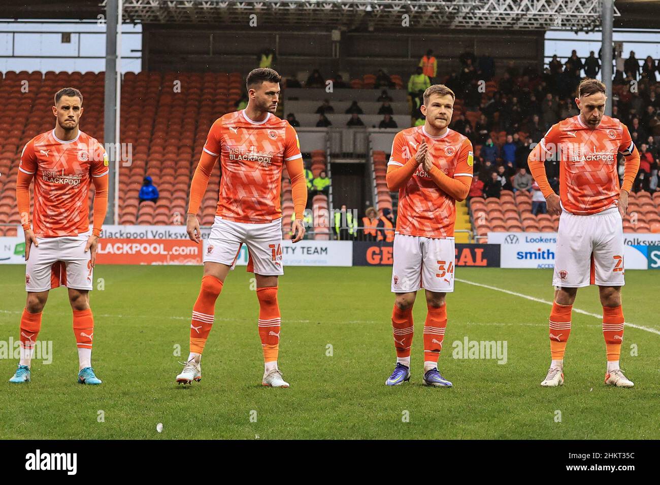 Jerry Yates #9 of Blackpool, Gary Madine #14 of Blackpool, Jordan ...