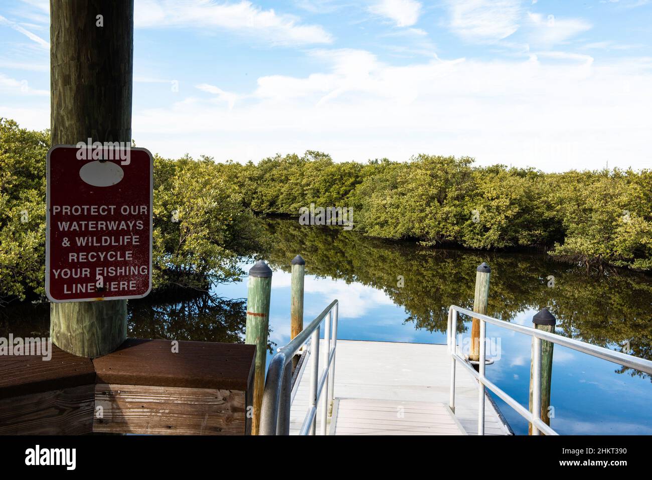 A sign asking fishermen to recycle fishing line to protect our ...