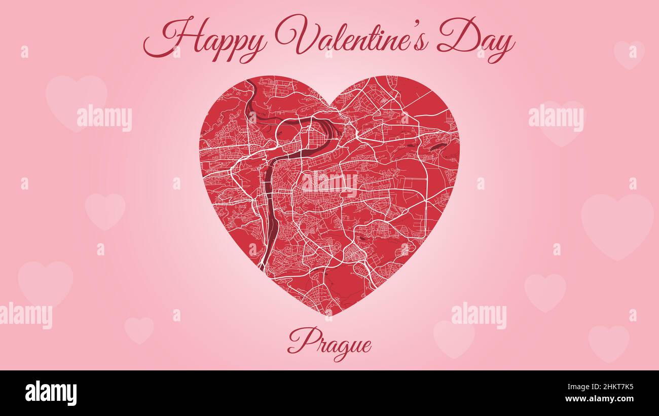 Happy Valentine's day horizontal holiday card with Prague map in heart ...