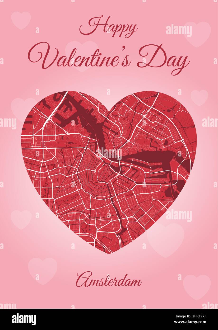 Happy Valentine's day holiday card with Amsterdam map in heart shape ...