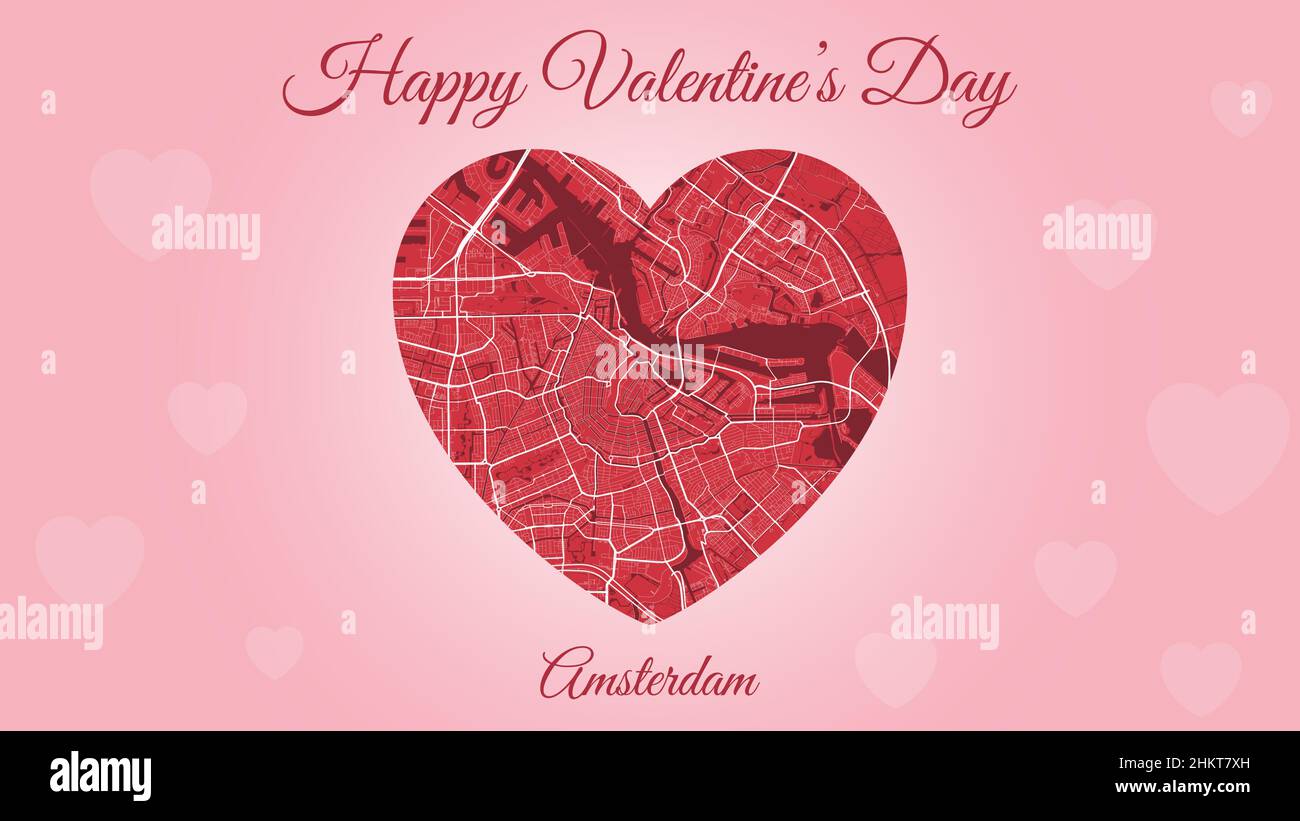 Happy Valentine's day horizontal holiday card with Amsterdam map in ...