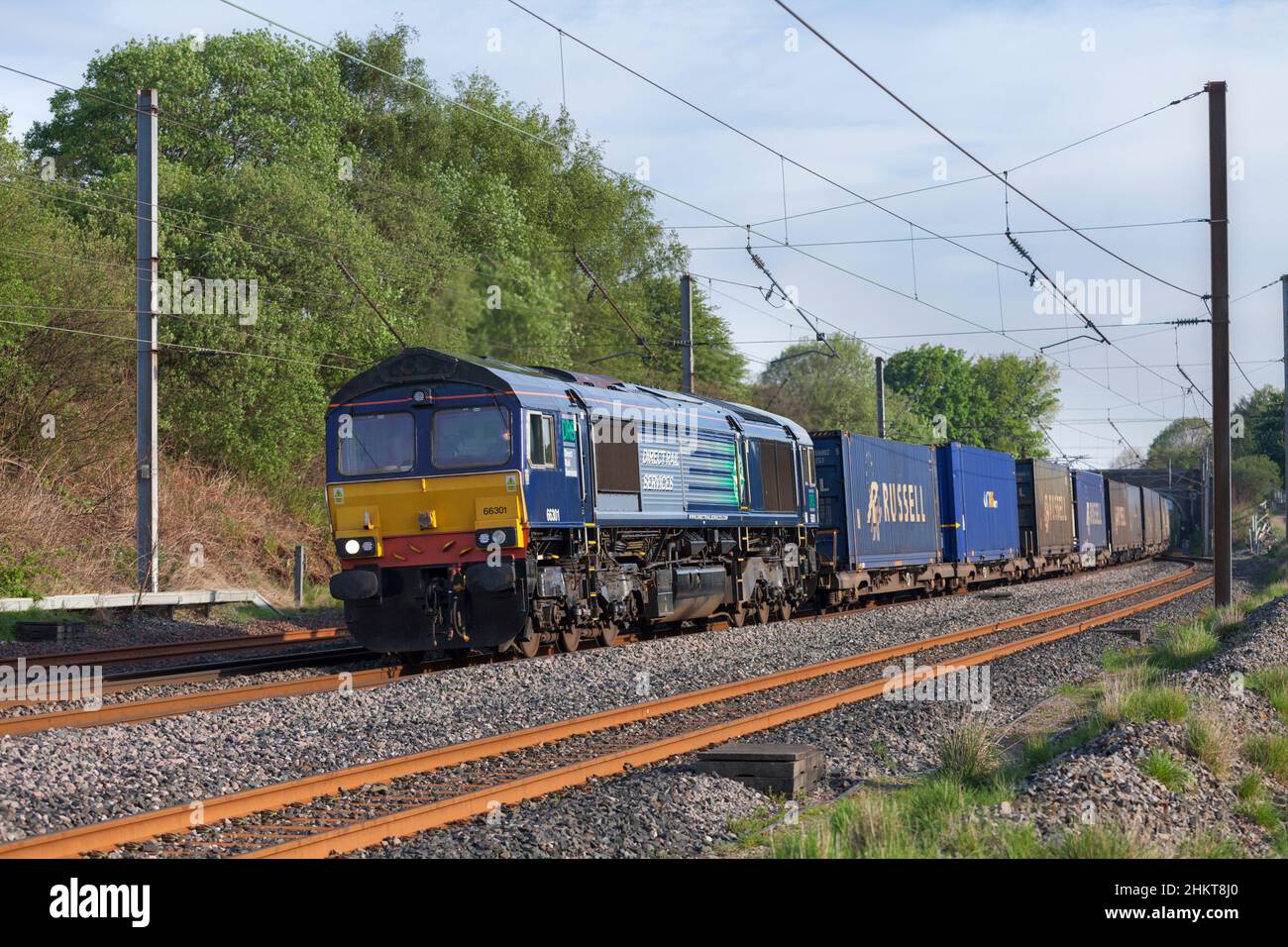 Direct rail Services class 66 diesel locomotive 66301 hauling an intermodal container train on ...