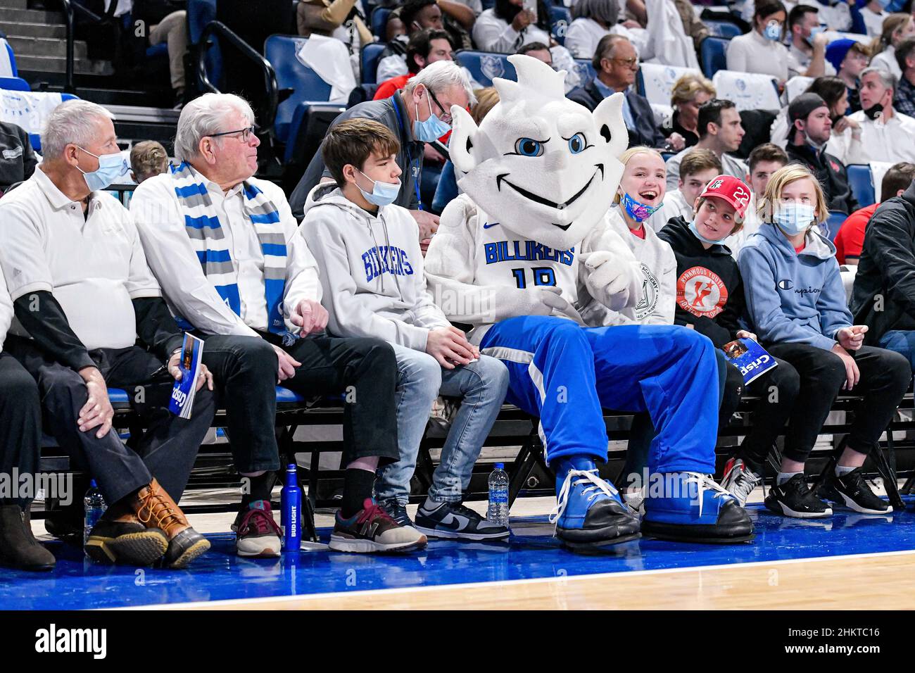 February 05, 2022: The Billiken mascot sits with some fans in a A-10 ...