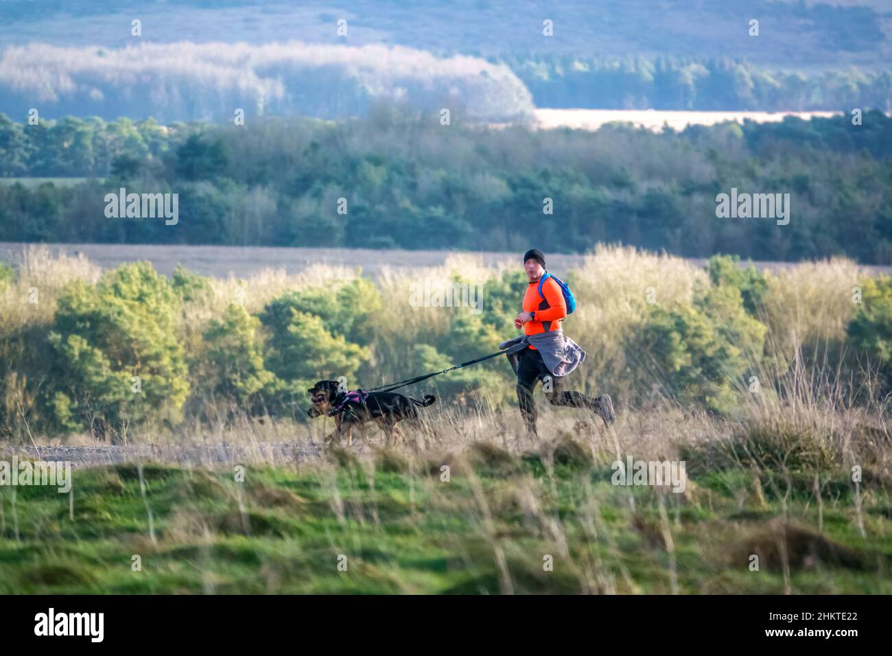 man in a high visibility orange top jogging on an unmade track road ...