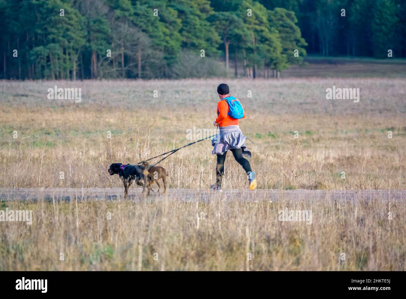 man in a high visibility orange top jogging on an unmade track road ...