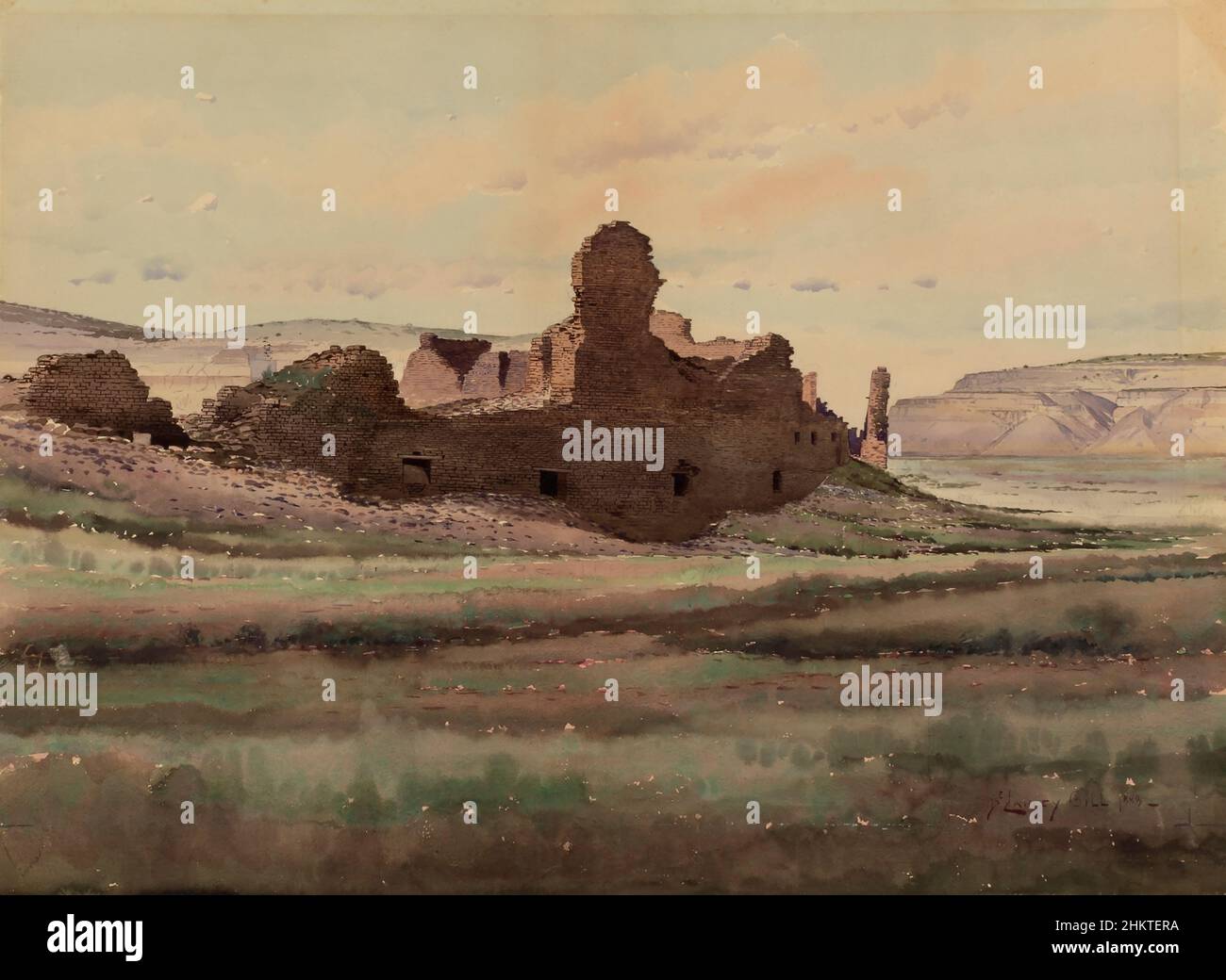 Watercolor painting by De Lancey Gill ca. 1888 of Pueblo Bonito Ruin ...