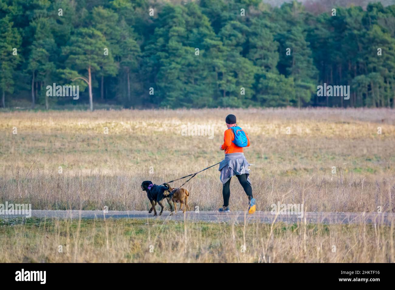 man in a high visibility orange top jogging on an unmade track road ...