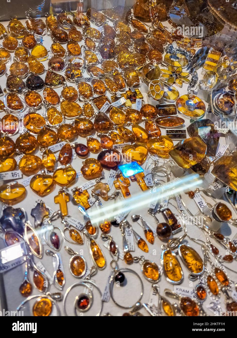 KRAKOW, POLAND, 7 JANUARY 2022: Amber in the Cloth Hall, amber is the ...