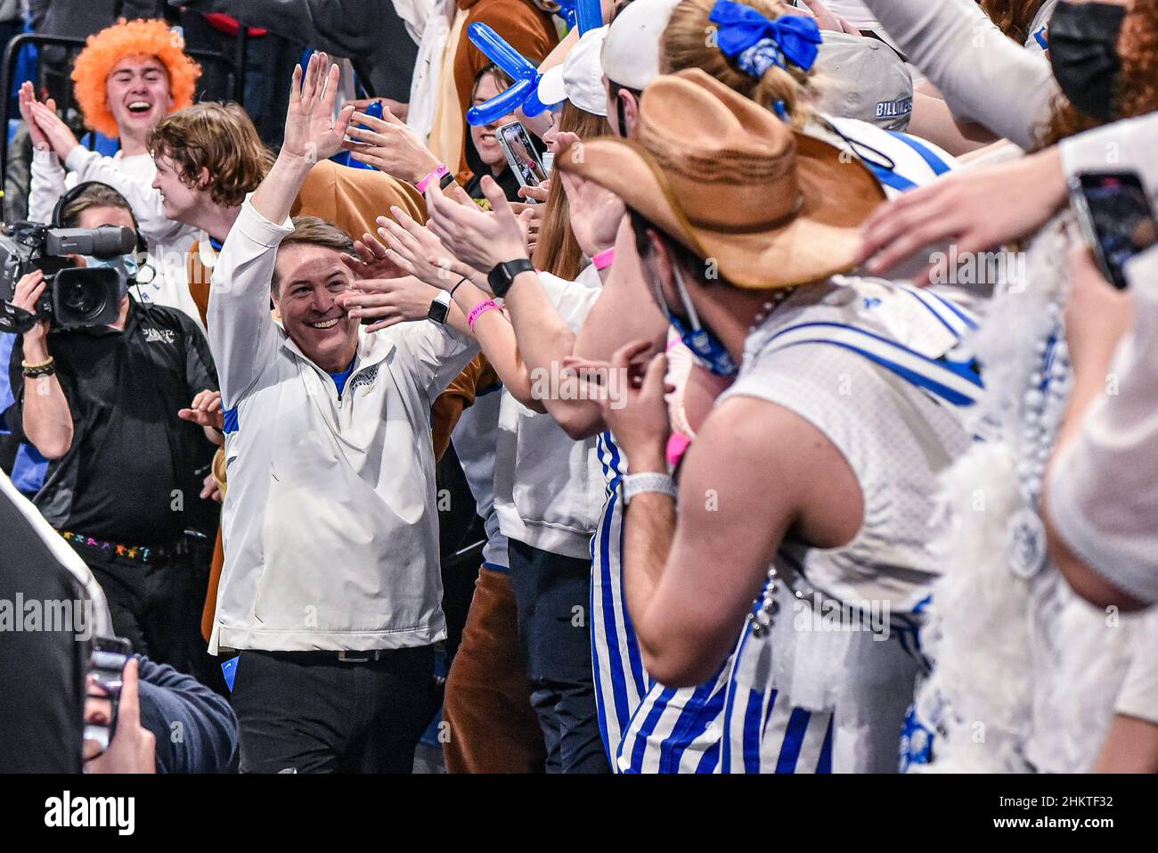 February 05, 2022: Saint Louis head coach Travis Ford celebrates the ...