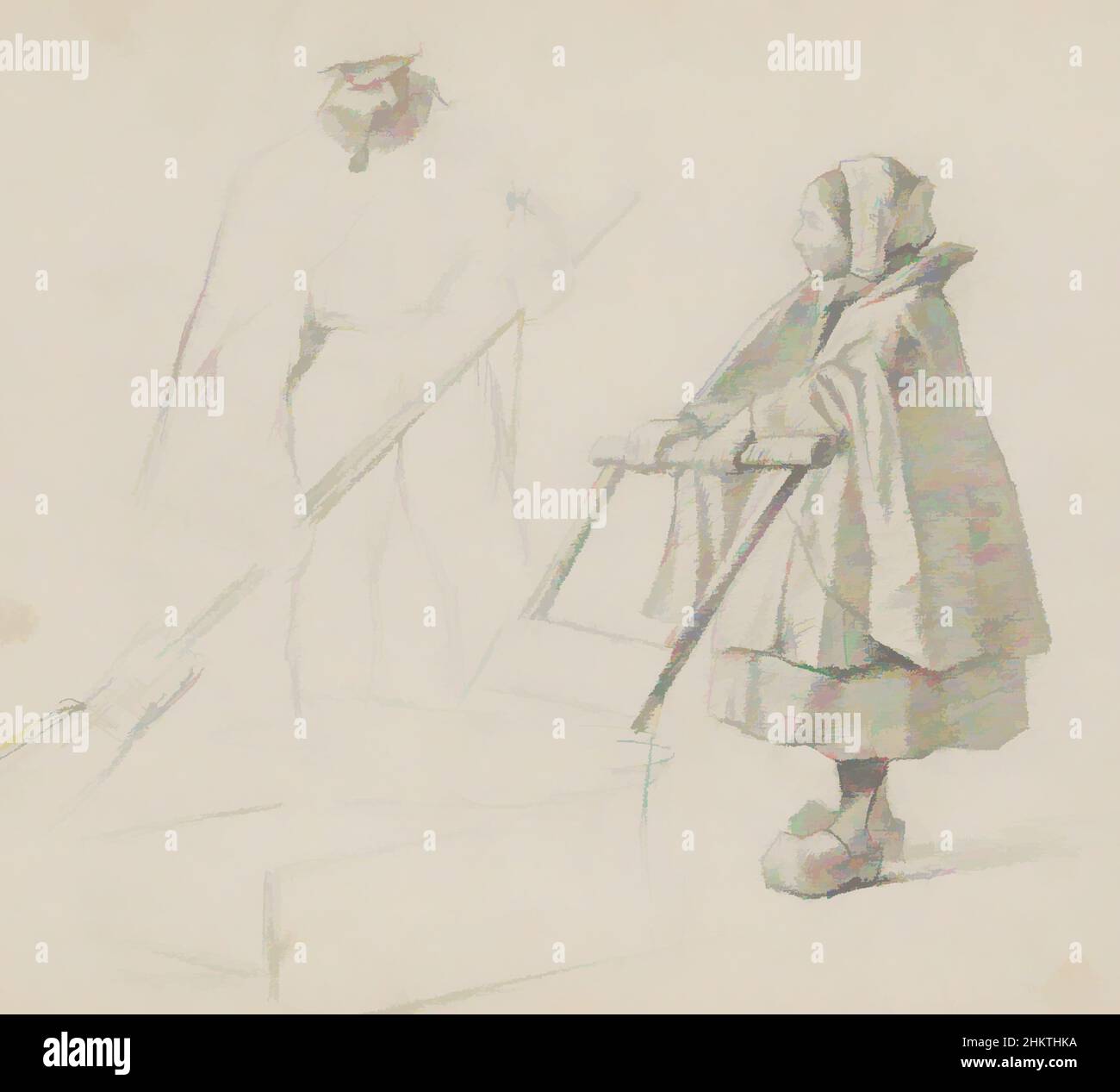 Art inspired by Man with a pipe and broom and a girl with sledge ...