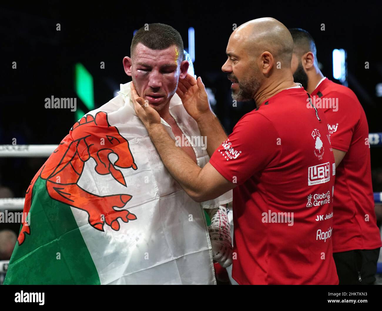 Liam Williams (left) consoled by trainer Adam Booth after the ...