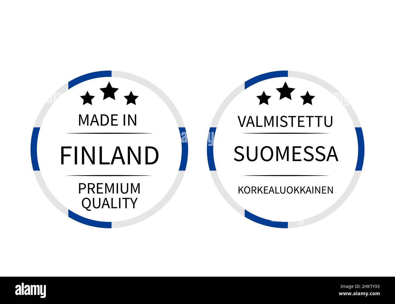 Made in Finland round labels in English and in Finnish languages ...