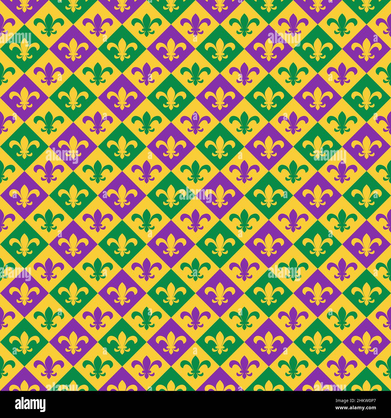 Mardi Gras seamless pattern. Fleur de lis checkered background. Green, purple and yellow ...