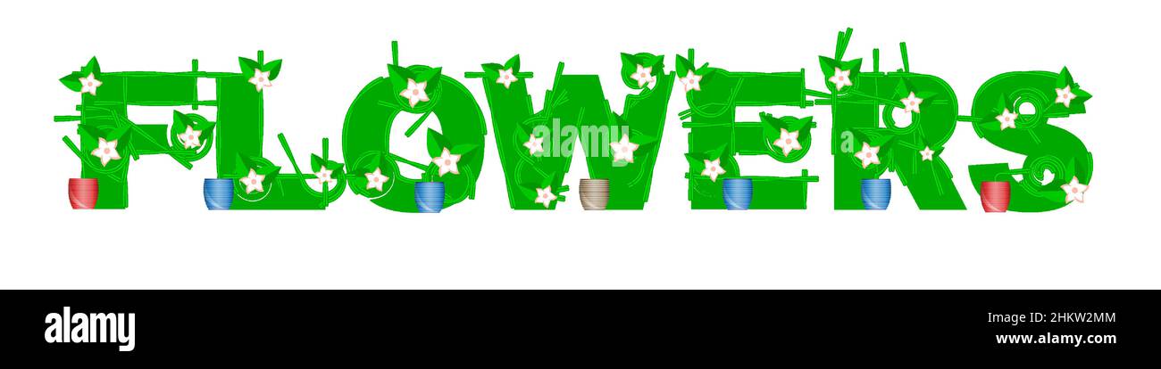 FLOWERS word lettering. Green flower font. 3D realistic vector ...