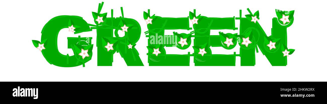 GREEN word lettering. Green flower font. 3D realistic vector ...