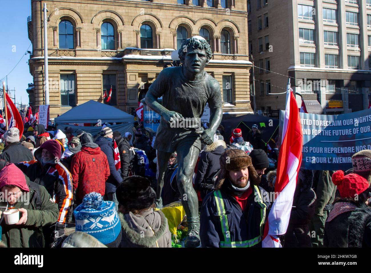 The statue of Terry Fox in the mids of protesters at the Convoy 2022 ...