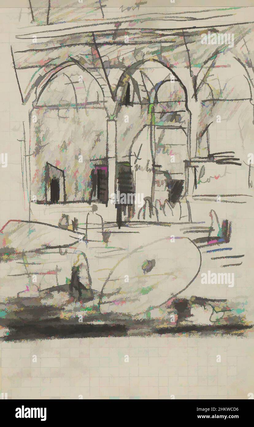 Art inspired by a mosque. 1 Figures at the steps of a building with ...